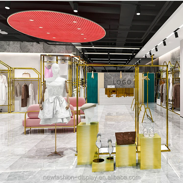 Custom Shiny Gold Stainless Steel Clothes Stand Apparel Garment Display ...