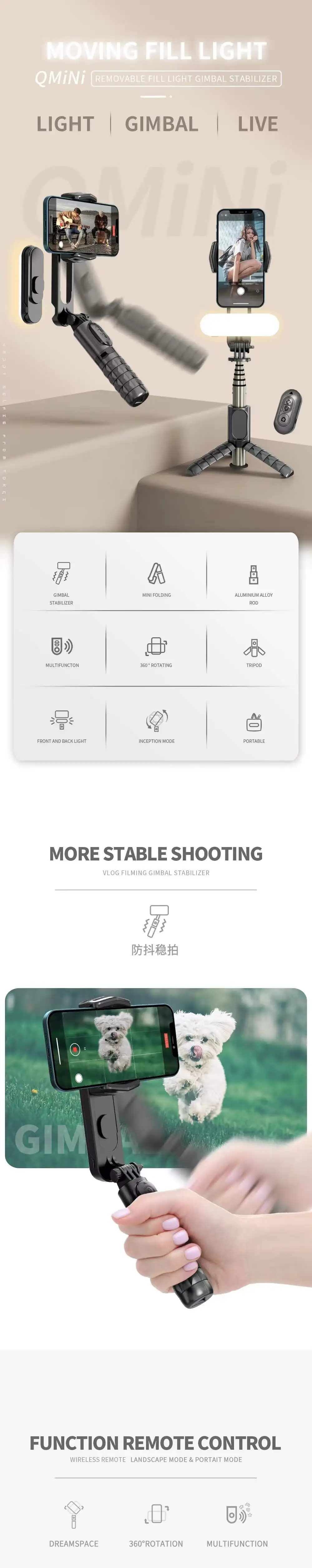 Q09 Gimbal Stabilizer - Portable Selfie Stick with LED Light