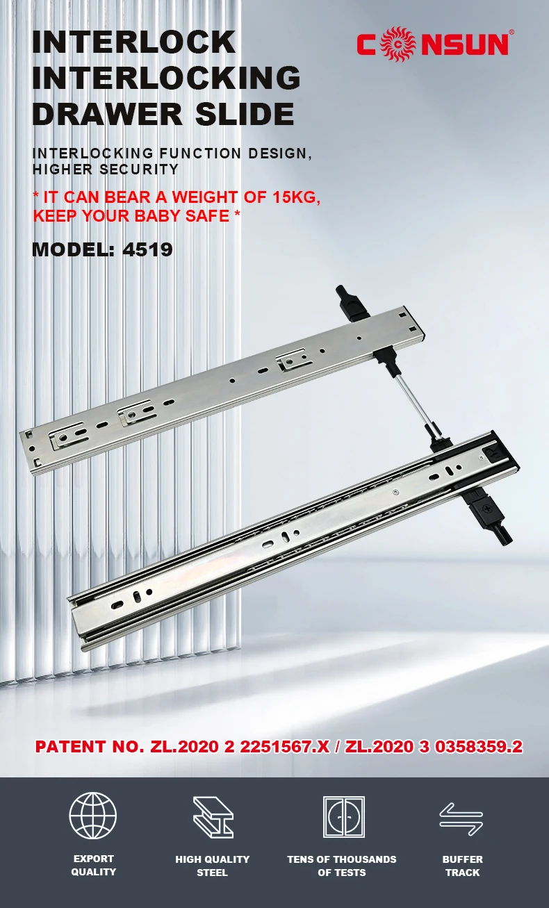 Full Extension Telescopic Channel Ball Bearing Drawer Slide