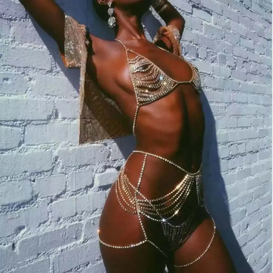 Luxury Sexy Rhinestone Bra Body Chain Harness Jewelry Tassel Crystal