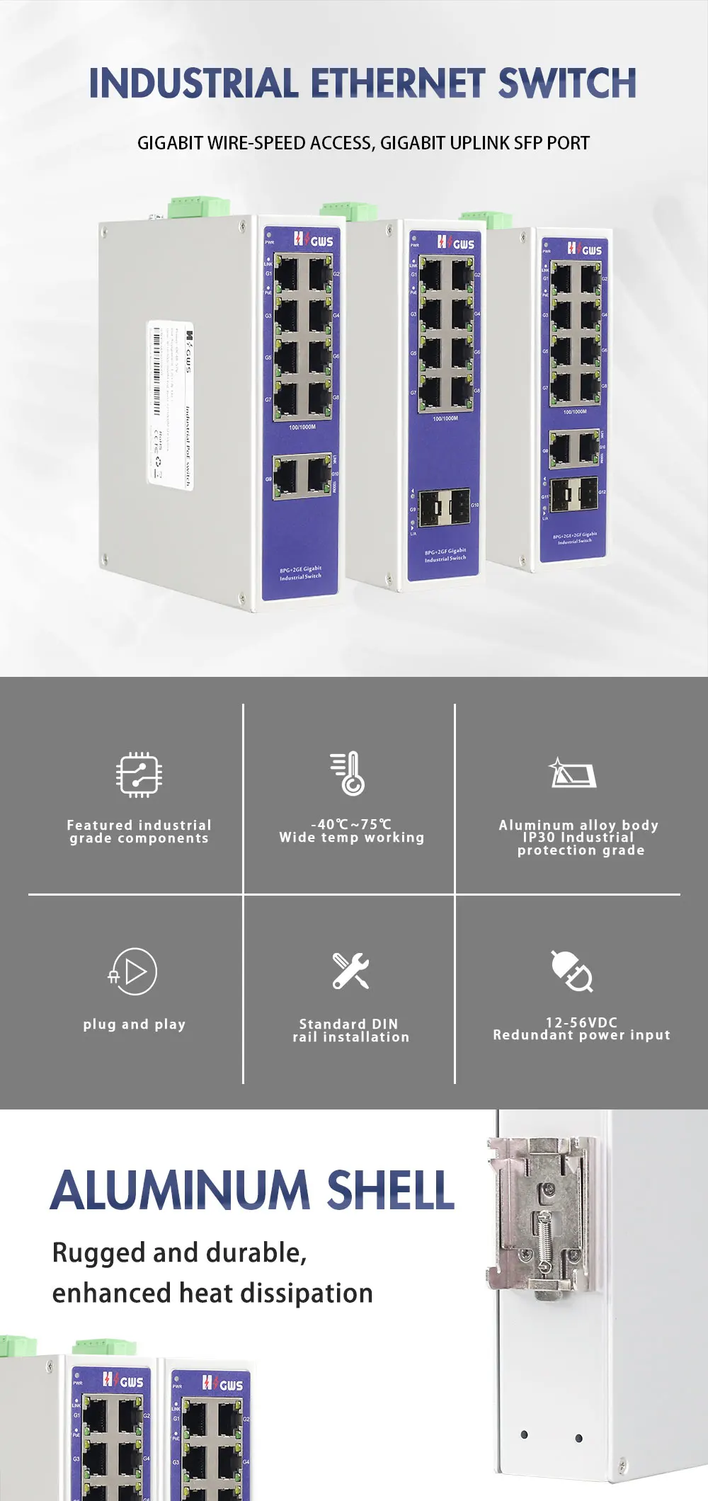 8 Port Industrial Network Switch Unmanaged 10/100/1000m Ethernet Poe Switch With 2*10/100 ...