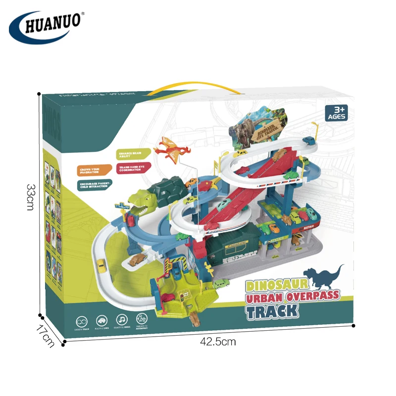 Kids Track Car Play Set Dinosaur Scene Ramp Climber With 8 Mini Car ...