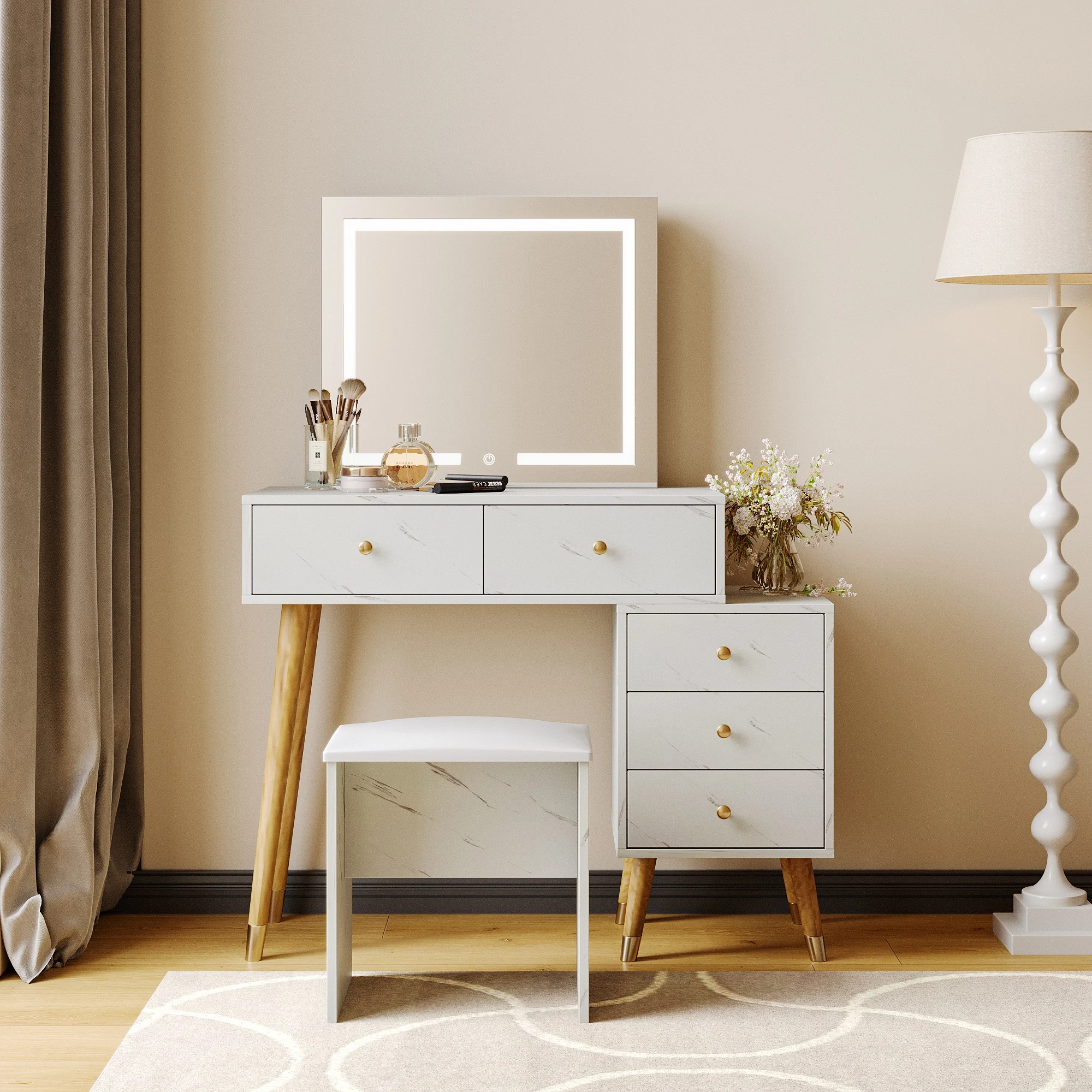 Modern Wooden Vanity Dressing Table With Sliding Mirror Drawer Storage ...