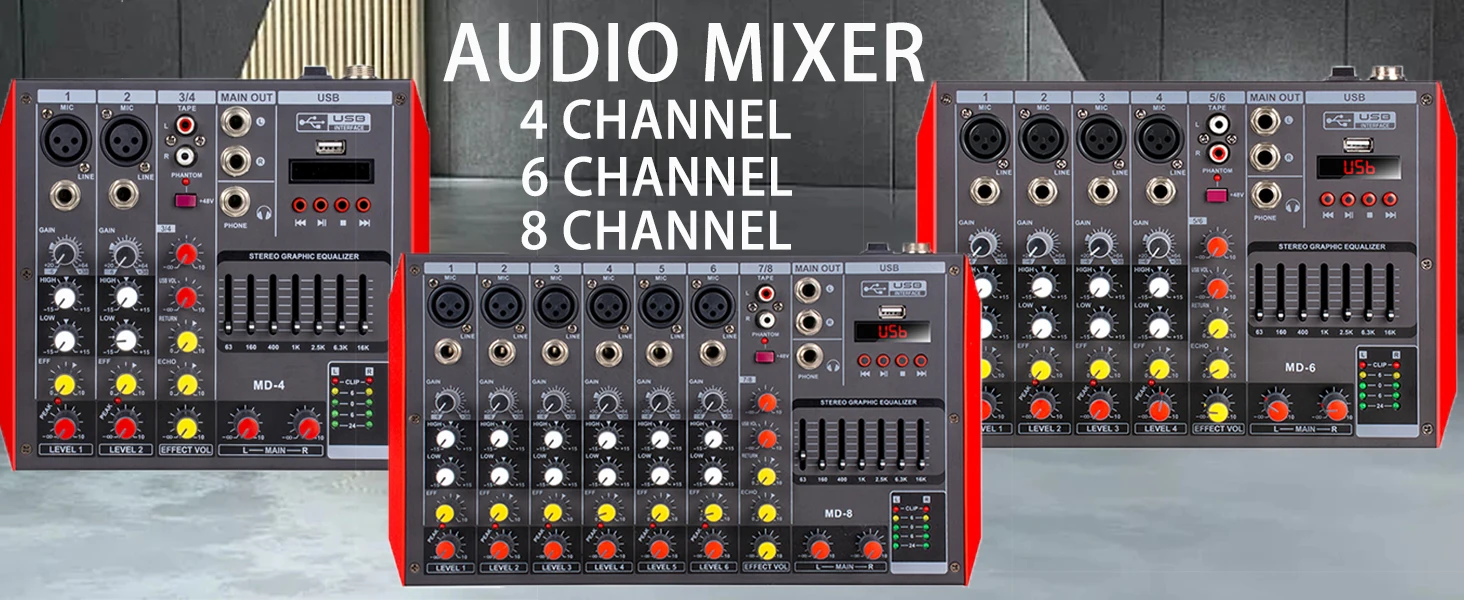 Md-8 Professional 8 Channel Audio Interface Dj Mixer Xlr & 1/4 Input ...