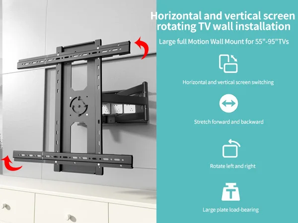 TV Wall Mount Portrait Swivel Tilt Rotate Arm - Fits 55-95 Inch Tvs