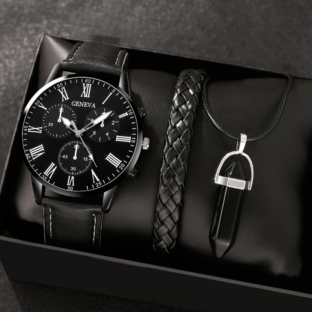 3Pcs/Set Fashion Men Quartz Watch with Bracelet Chain Luxury Men Watch ...