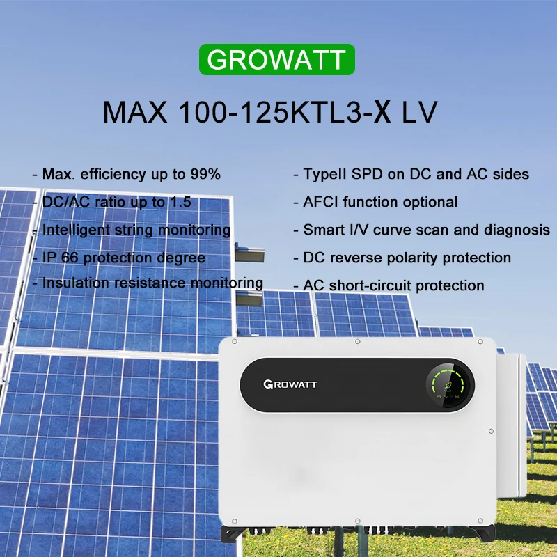 Growatt Inverter Max100~125ktl3-x Lv 120kw 125kw Three Phase Commercial System On Grid Solar ...