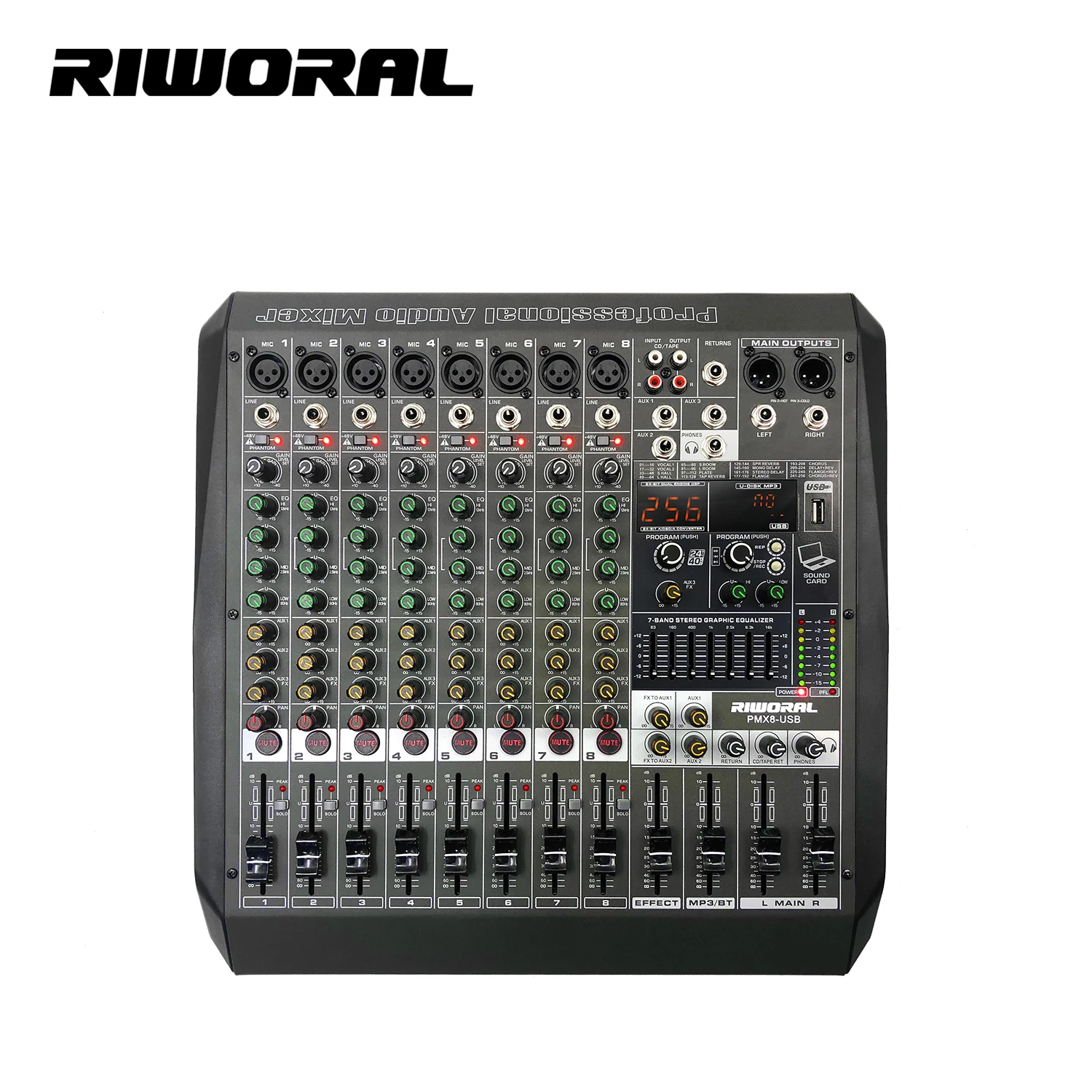 PMX8 DJ Mixer Audio - 8 Channels, 256DSP, 48V Professional Mixer