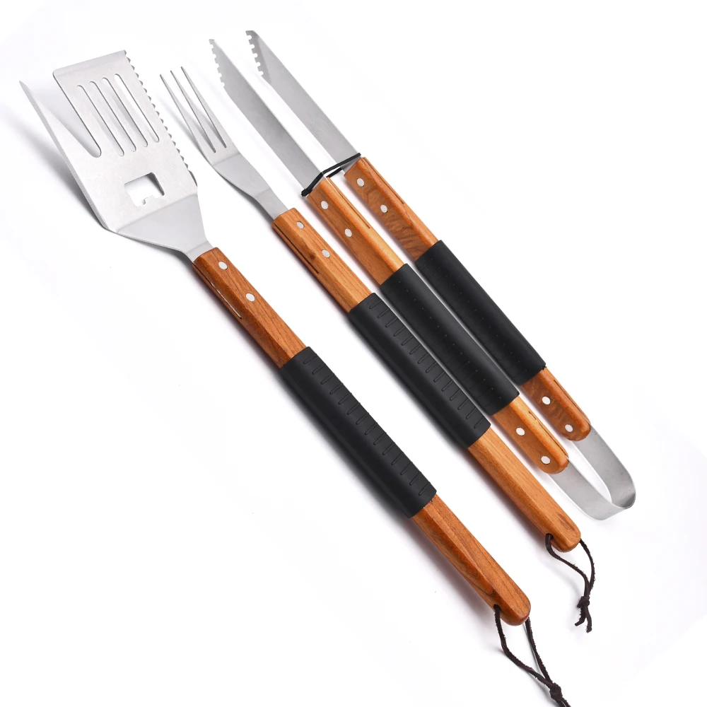 3Pcs Wood Handle with Non-slip Rubber Sleeve BBQ Tools Set| Alibaba.com