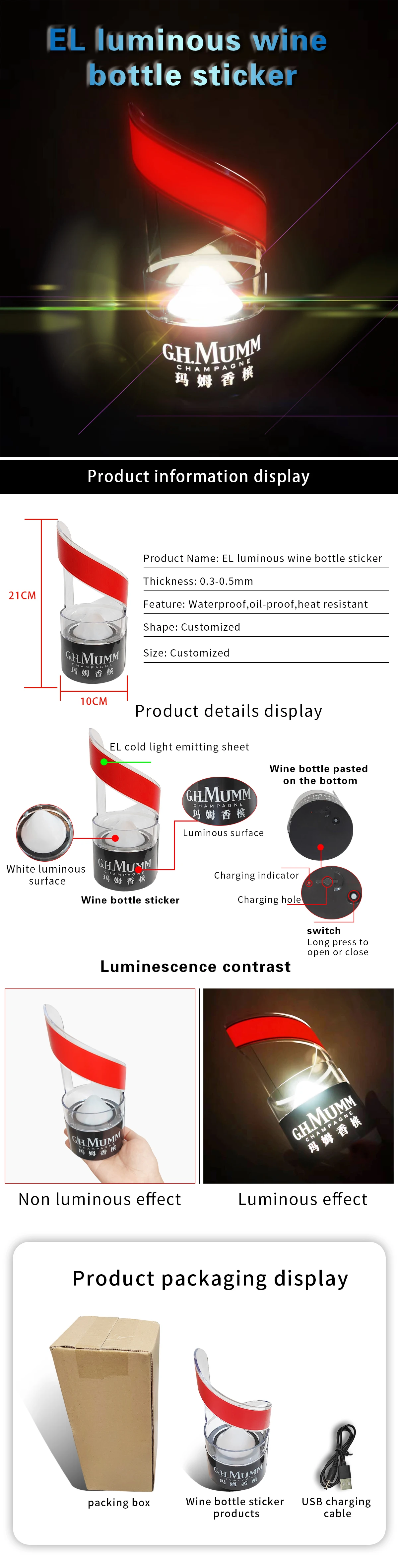 Customized Design El Panel Wine Bottle Label Led Champagne Sticker For ...