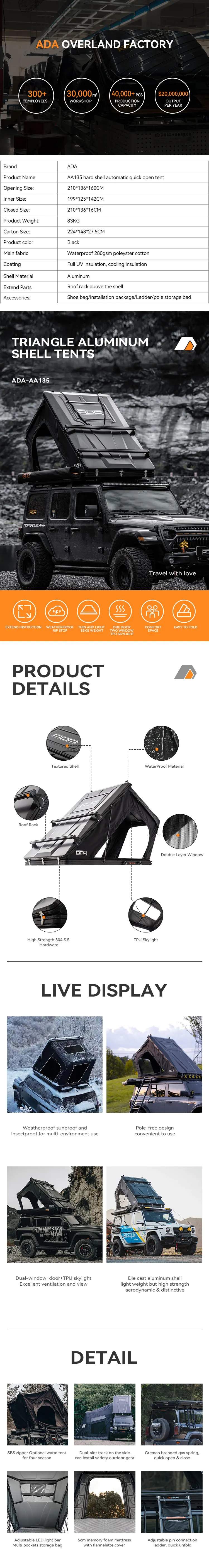 2025 China Ada Overland AA135 Roof Top Outdoor Tents - Durable & Spacious