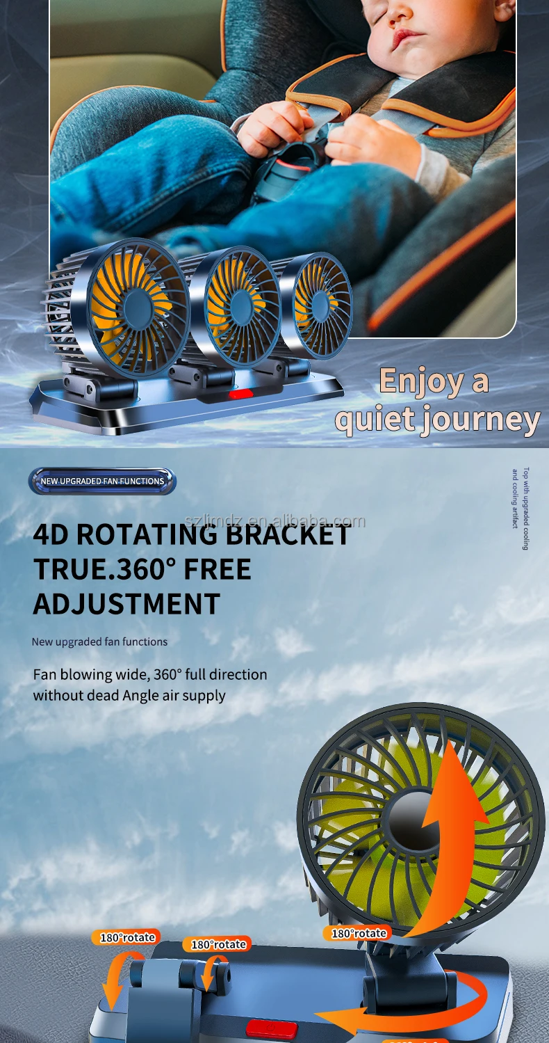 2-in-1 3 Heads Car Fan 360 Degree Rotating 3 Speeds Cooling Air ...
