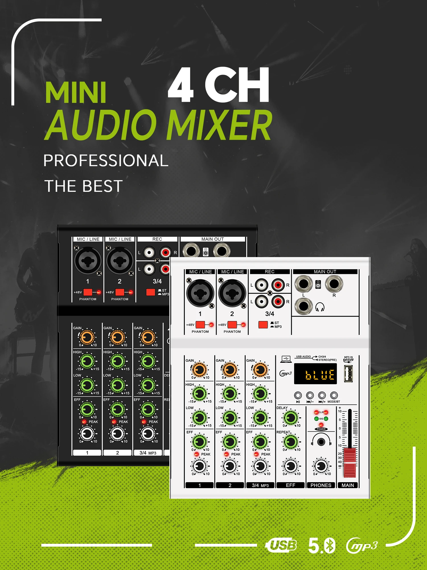 GAX-A4 Professional 4 Channel Audio Mixer with USB for Live Sound and ...