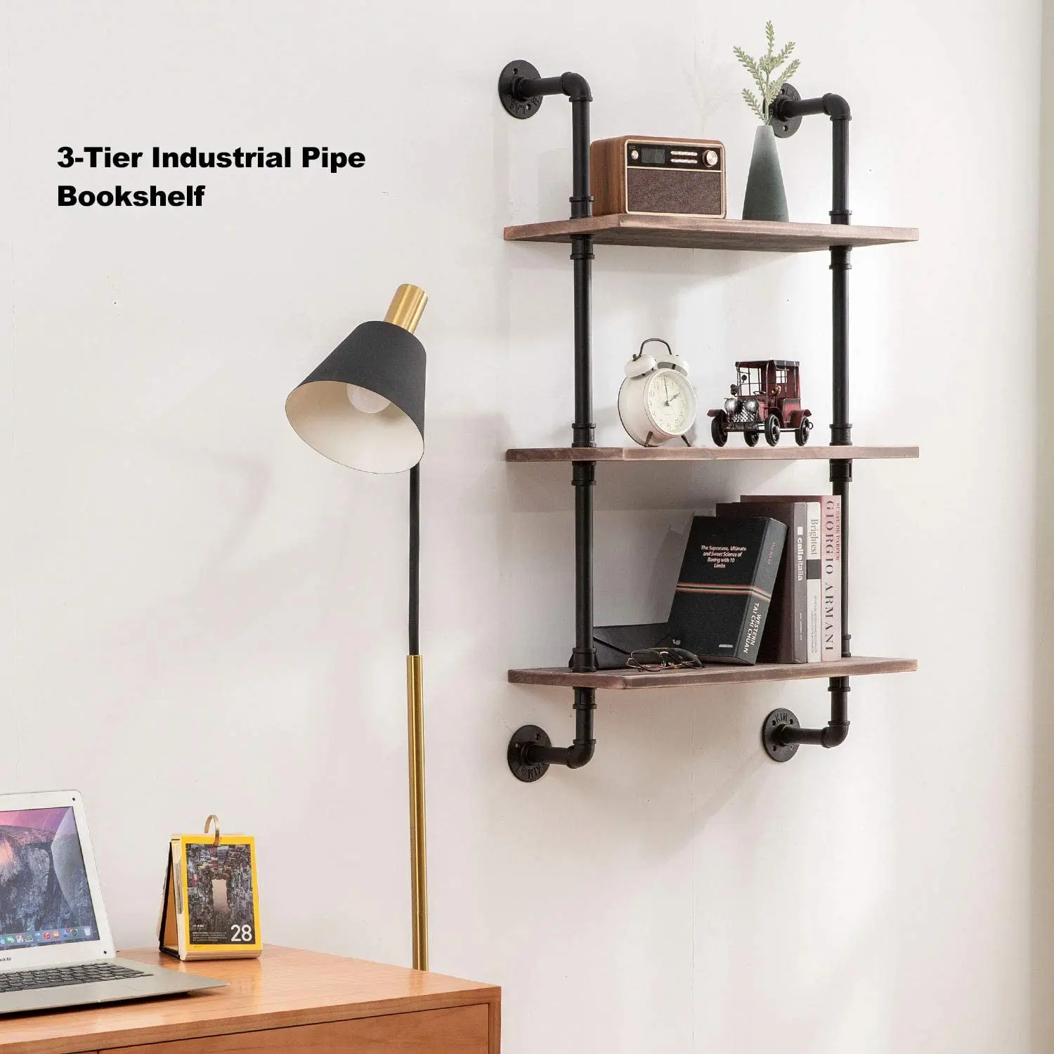6-tier Black Industrial Pipe Shelf - Rustic Wood Wall Storage