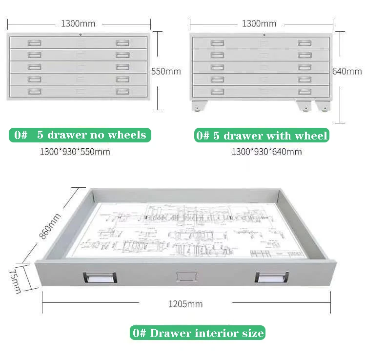 Lateral Metal Map Plan Cabinet with 5 Drawers for File Storage
