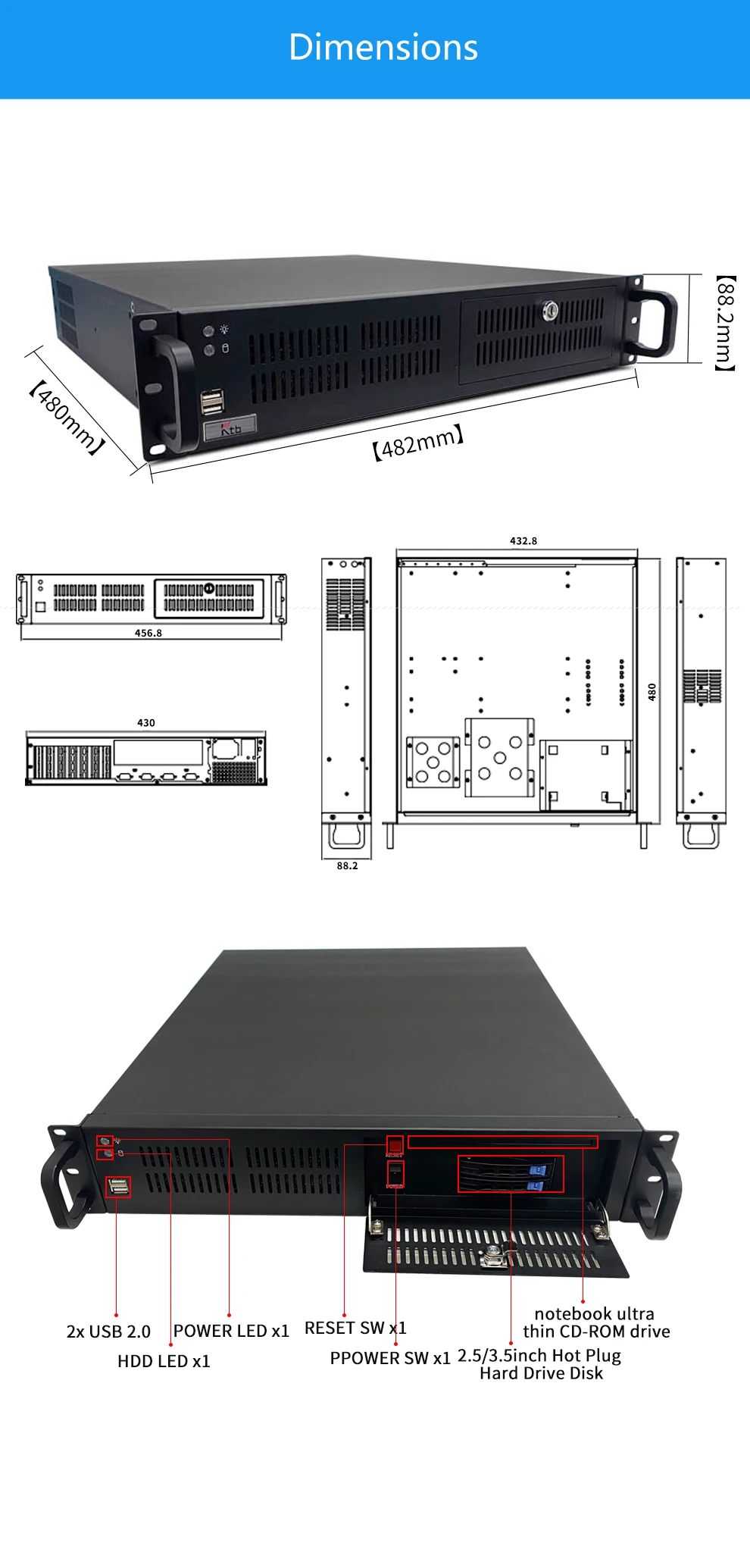 KTB Kangtai 2U Rackmount Short Depth IPC Server Chassis Industrial Computer Case Supports ATX ...