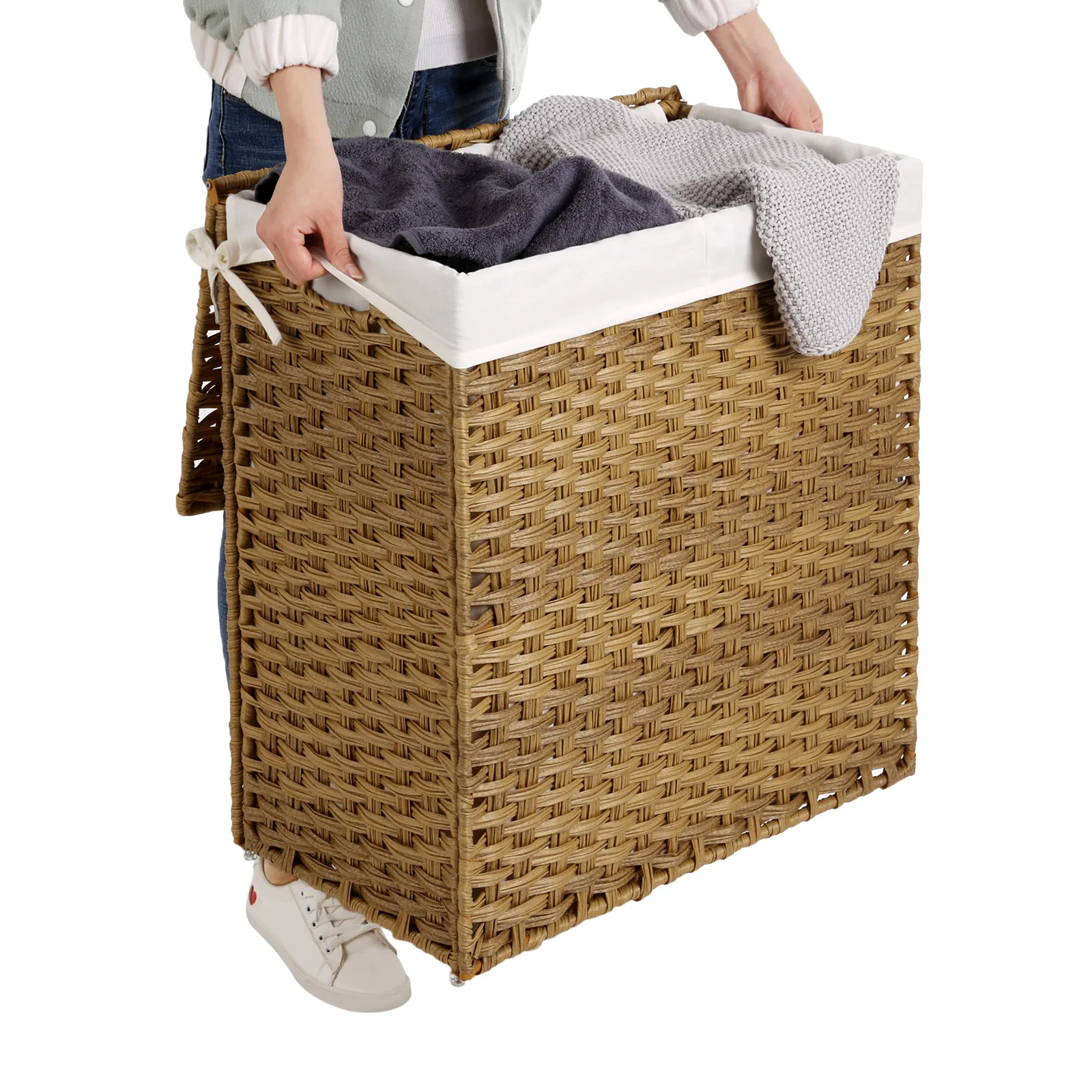 SONGMICS 29 Gal Divided Laundry Basket with Removable Liner Handwoven ...