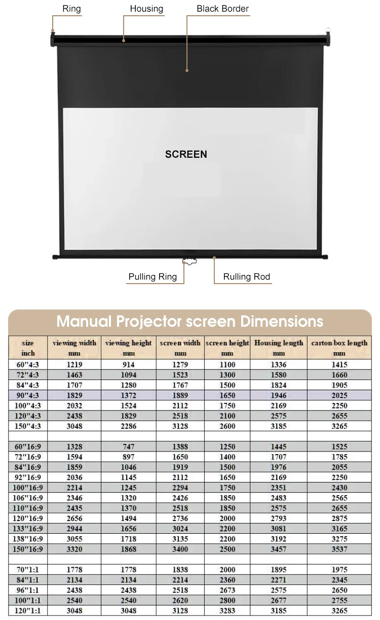 OEM Factory 150 Inch Pull down Projector Screen - 160° View Angle