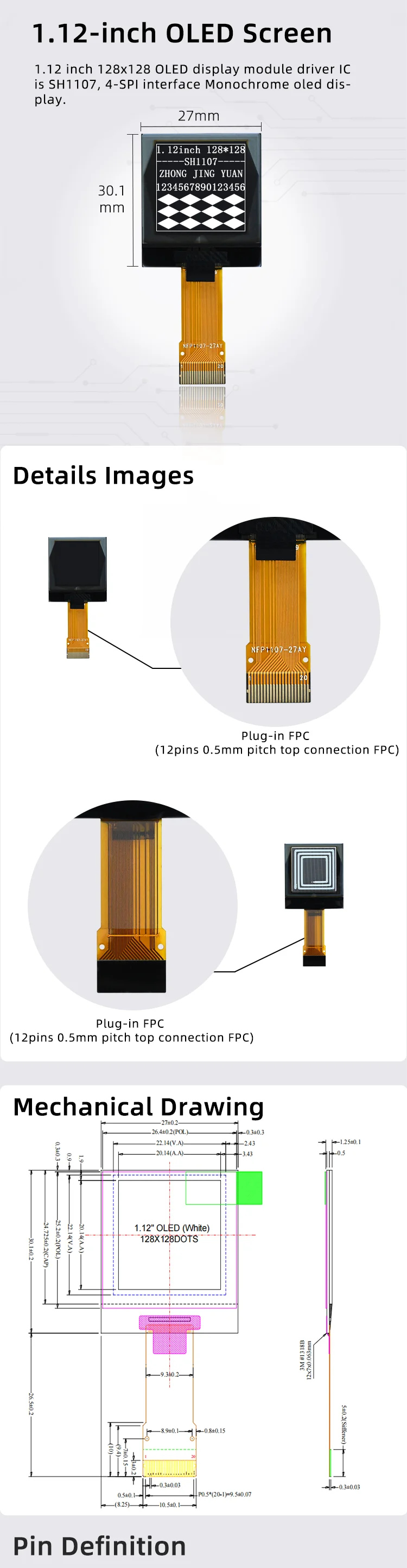 1.12 Inch OLED Display Module with SH1107 Driver IC