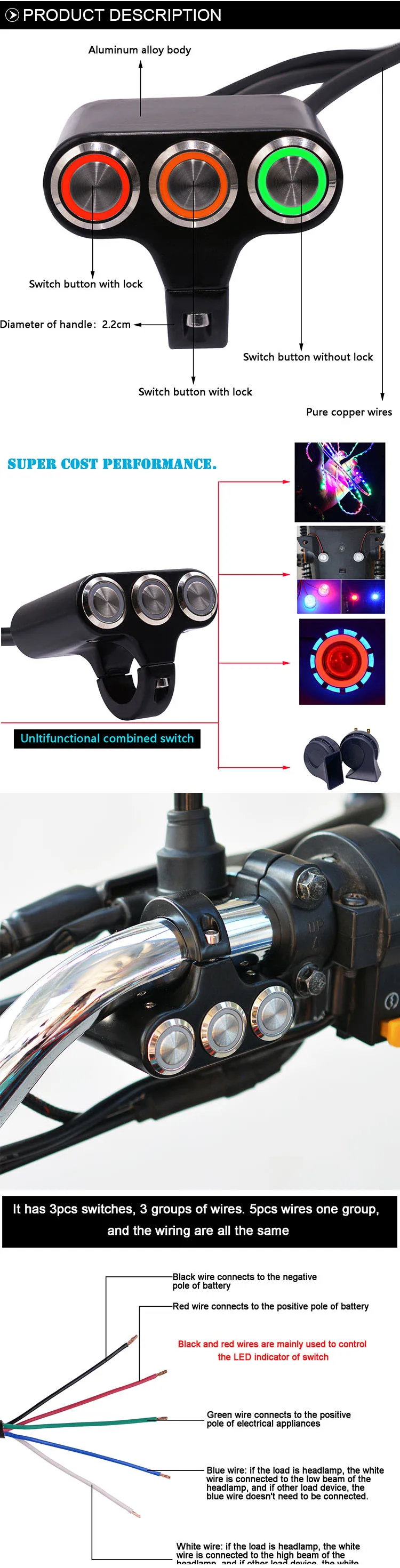 3 Way Motorcycle Handlebar Switch with Lights - 5 Wires Headlight Kill ...