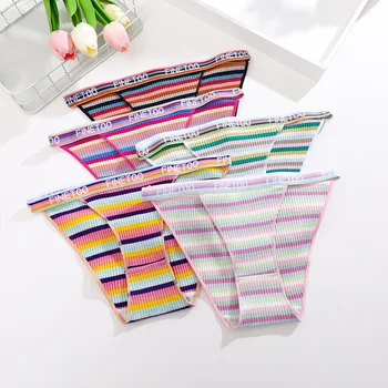 Finetoo New Design Rainbow Striped Ladies Comfortable Cotton Panties ...