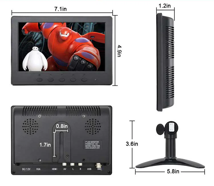 7" TFT LCD Monitor - 1080p Mini Industrial Quad Monitor