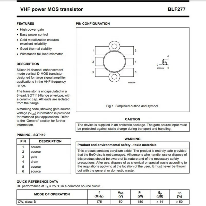 Blf277 Sot119 - Vhf Power Mos Transistor . Silicon N-channel ...