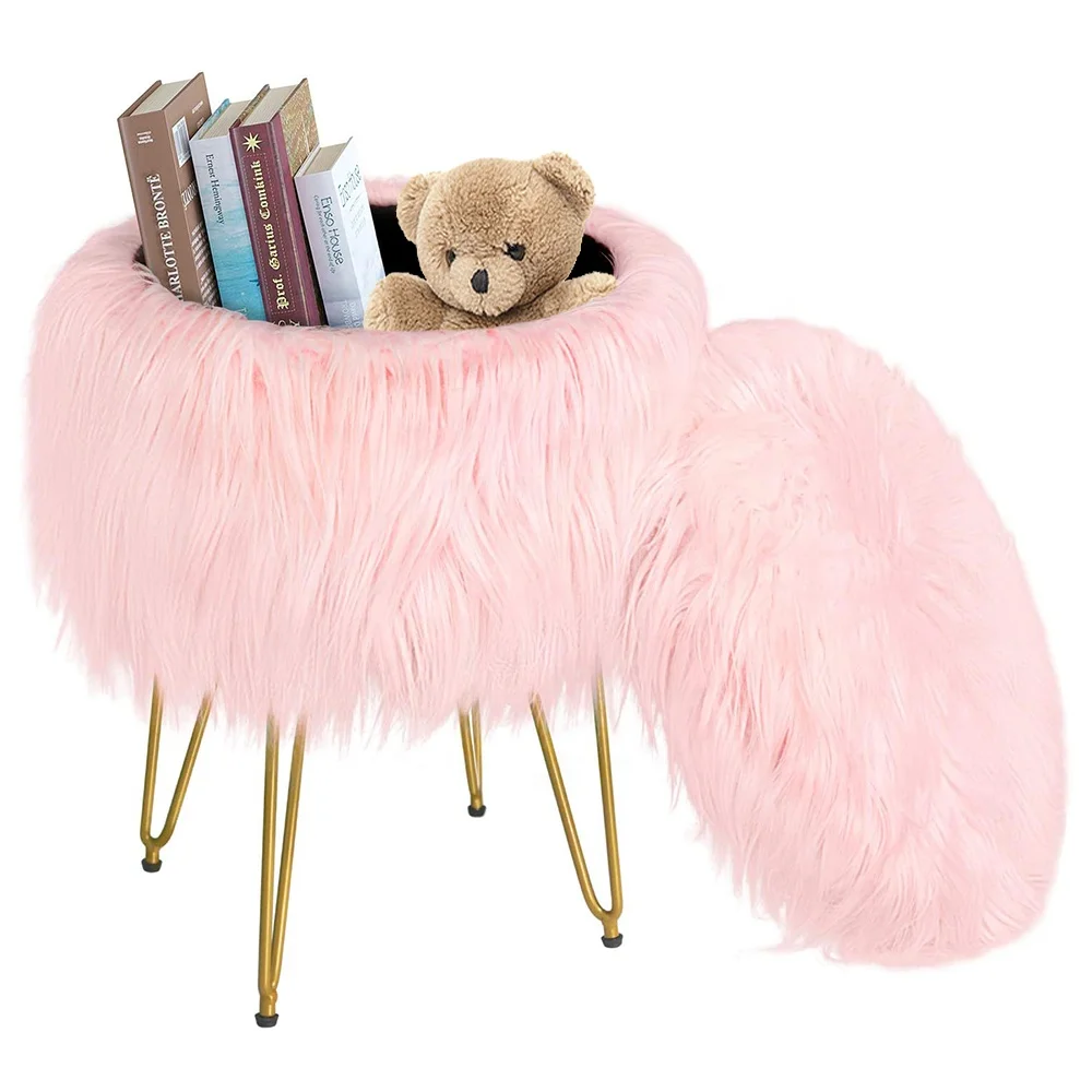 Customized Modern Faux Fur Fancy Ottoman Pouf With Wooden Legs ...