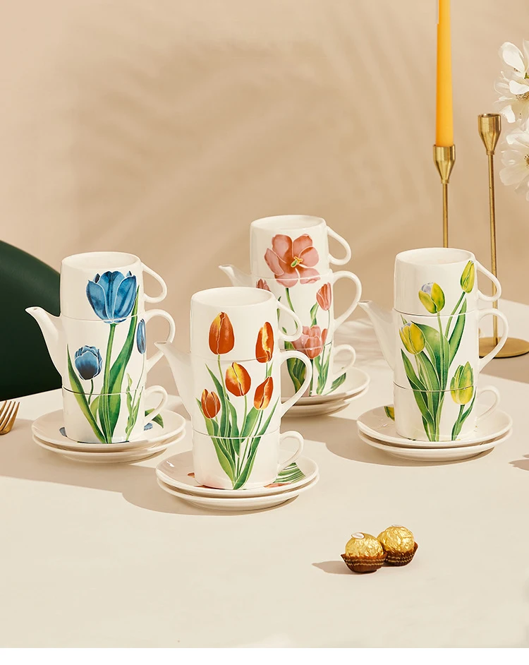 Hot Selling Tulip Ceramic Tea Set Handpainted Flower Tea Pot with ...