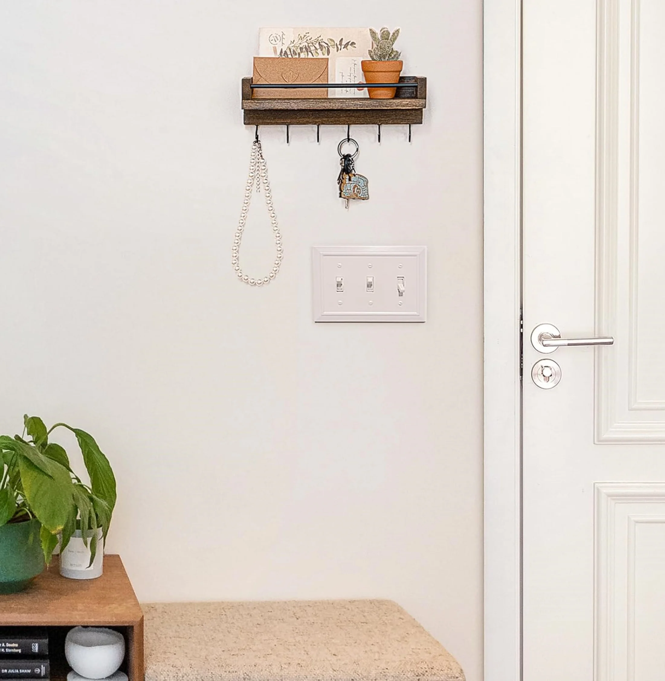 Small Rustic Wood Key Rack 9.5" X 3.5" X 2.5" 6 Hooks Decorative ...
