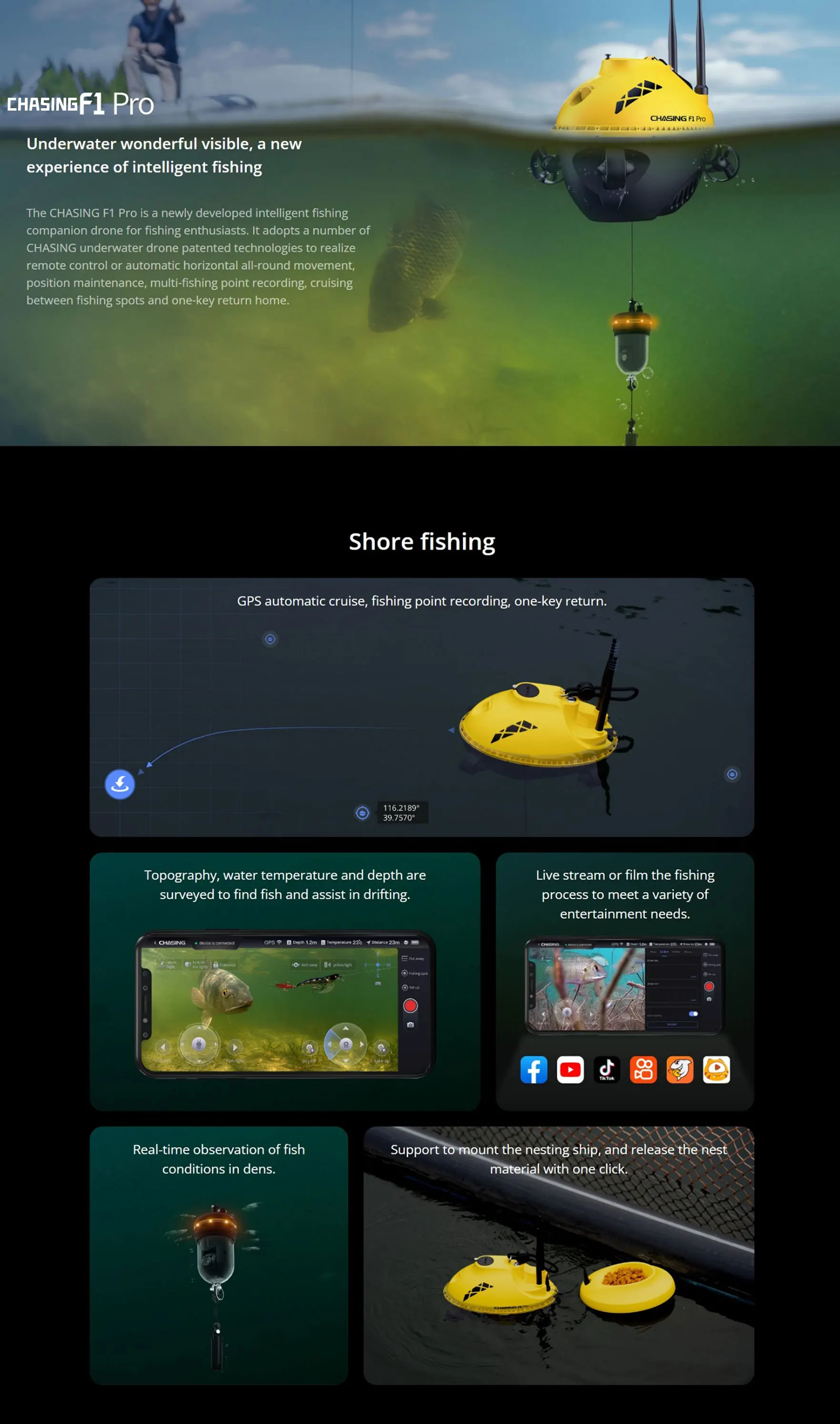 CHASING F1 Pro Bait Boat Hull GPS Fish Finder with Camera