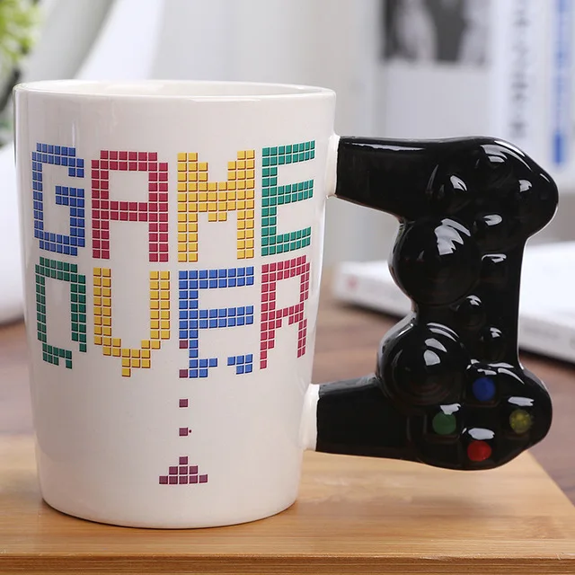 Ceramic Game Over Coffee Mug Gaming Joystick Shaped Handle With Pixel ...