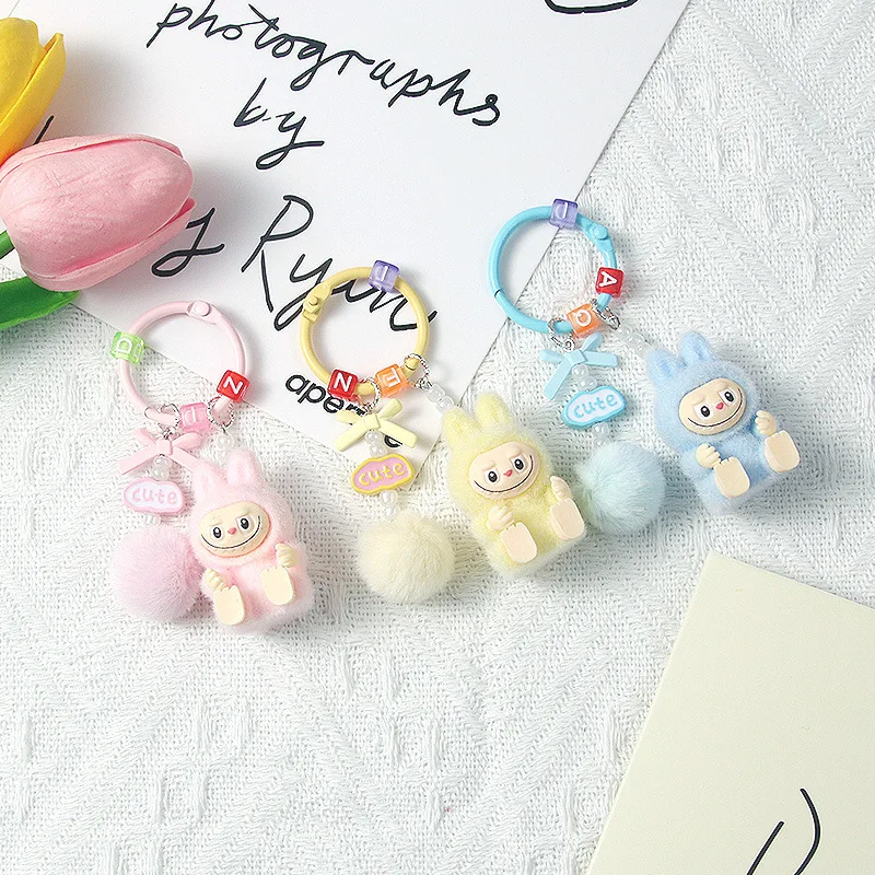 Linda Wholesale Cartoon Flocking Sitting Labubu Doll Keychain Creative ...