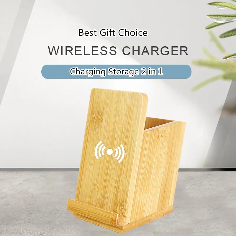 Office Desk Organizer Multi-function Bamboo Pen Box Wireless Charger ...