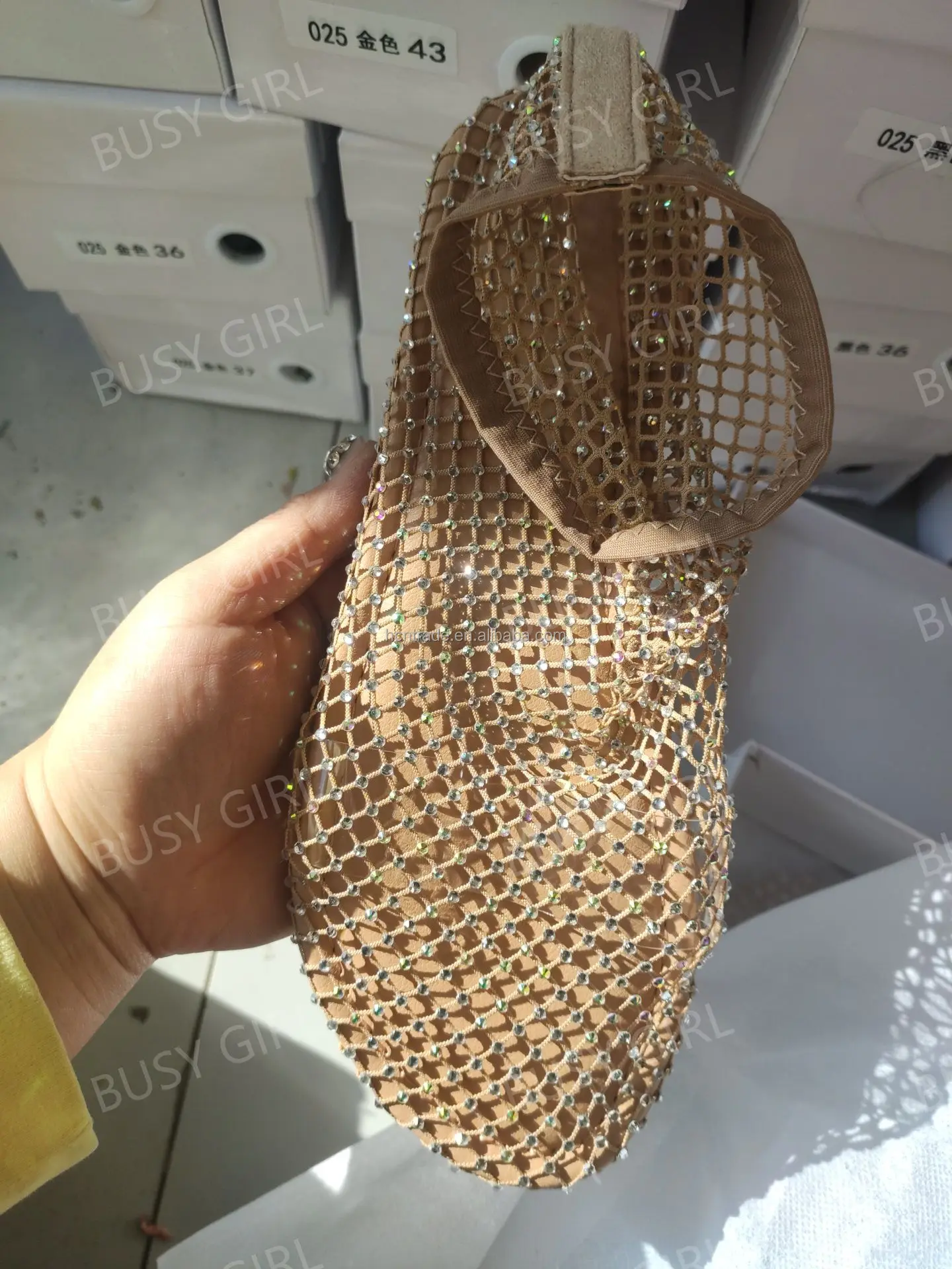 Sexy Women Flat Shoes - BUSY GIRL LQ4964 Rhinestone Mesh Stretch Sandals