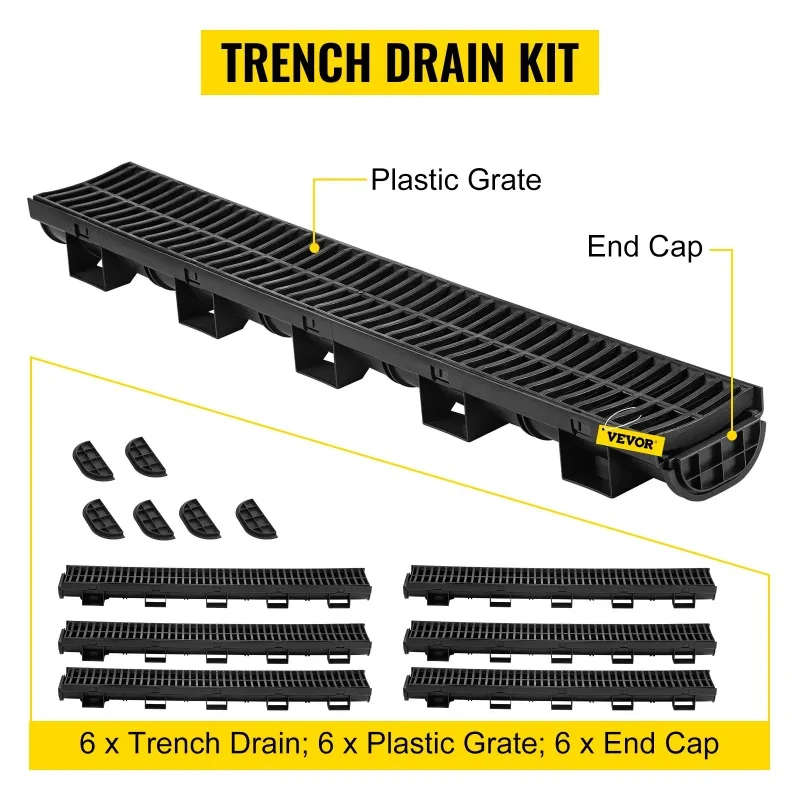 VEVOR Channel Drain System for Concrete Trench Install, Black Plastic Drain
