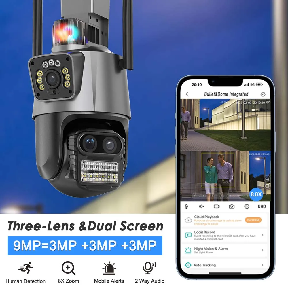 9MP 4K Three Lens Dual Screen IP CCTV Camera - Outdoor Security