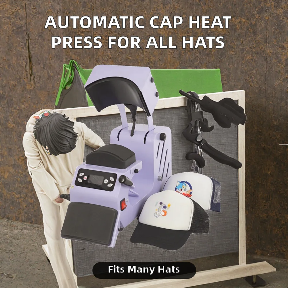 Automatic Cap Heat Press Machine with Two Mats 110V/220V 9.5cm X16cm ...