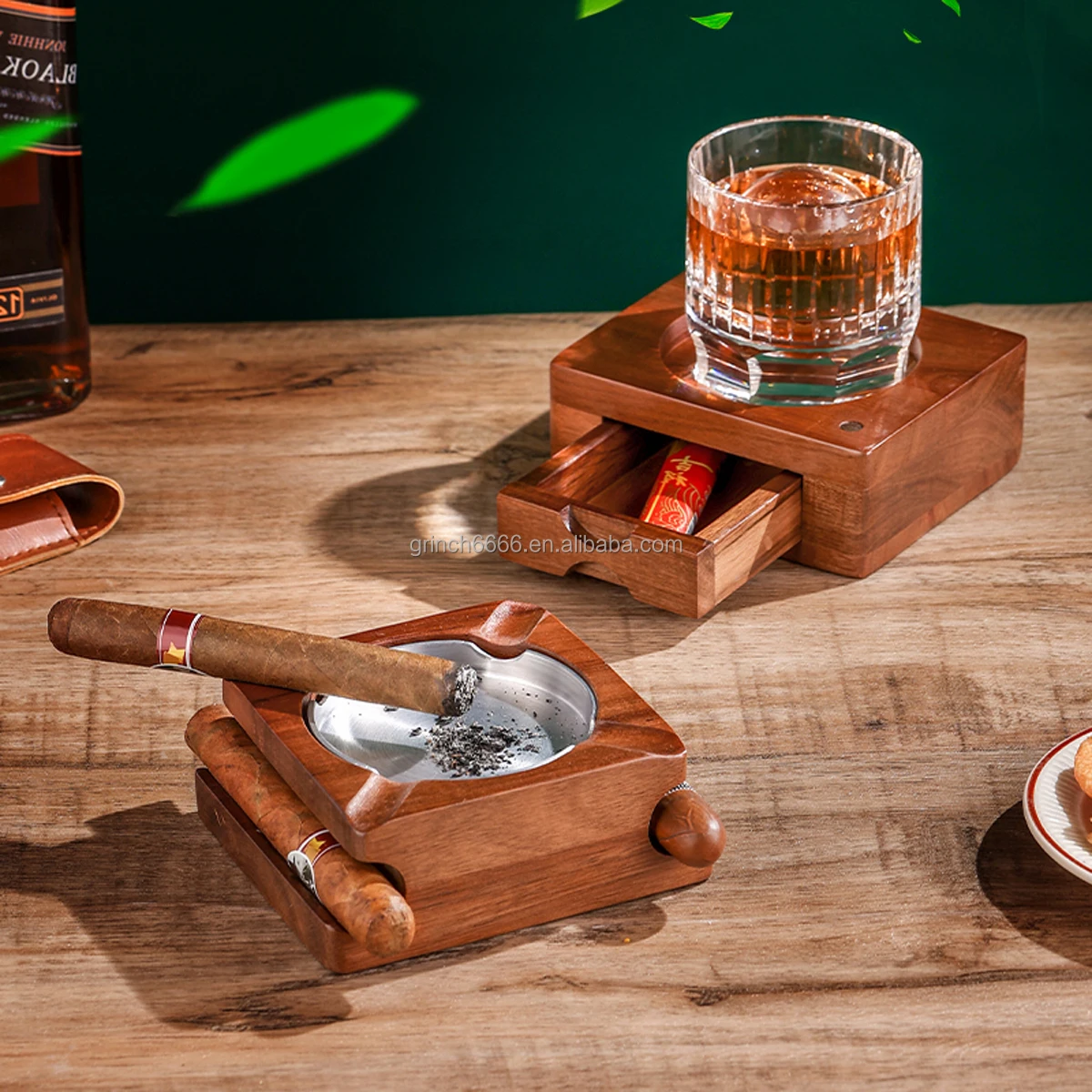 Cigar Ashtray Gift Set Wooden Ashtray With Whiskey Glass Tray Wooden ...