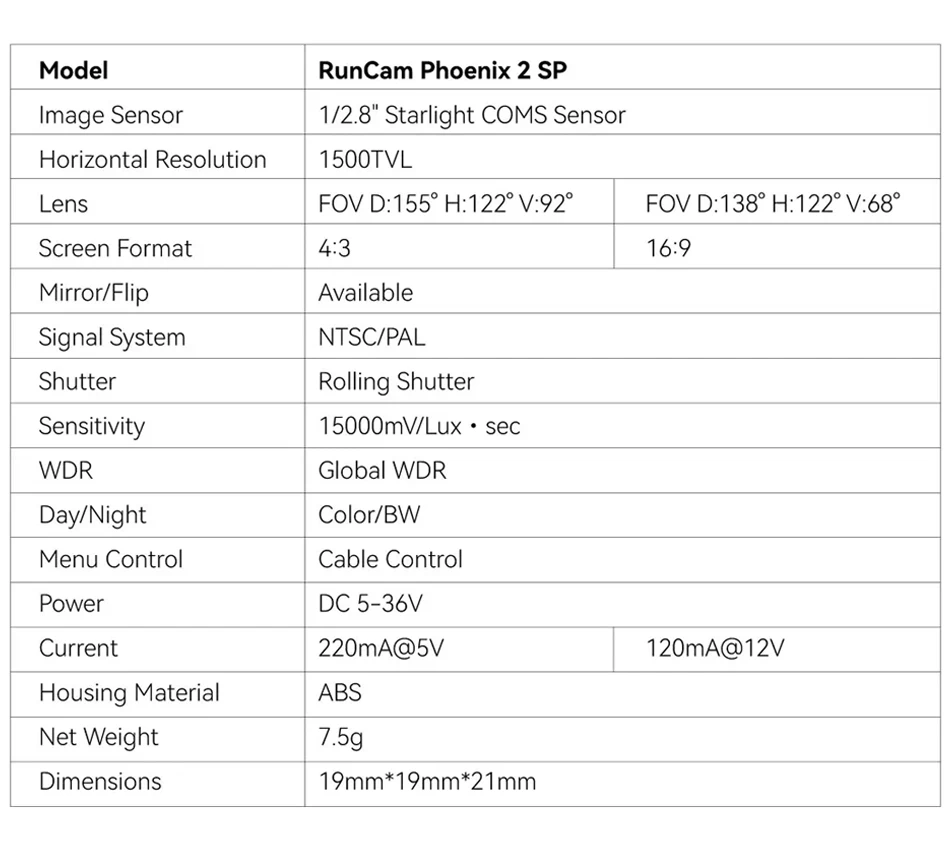 HOSHI RunCam Phoenix 2 SP V3 FPV Camera 4:3/16:9 PAL/NTSC 1500TVL for ...