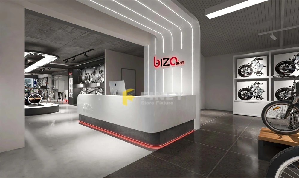 Custom Bike Shop Interior Layout - Display Racks & Shelves