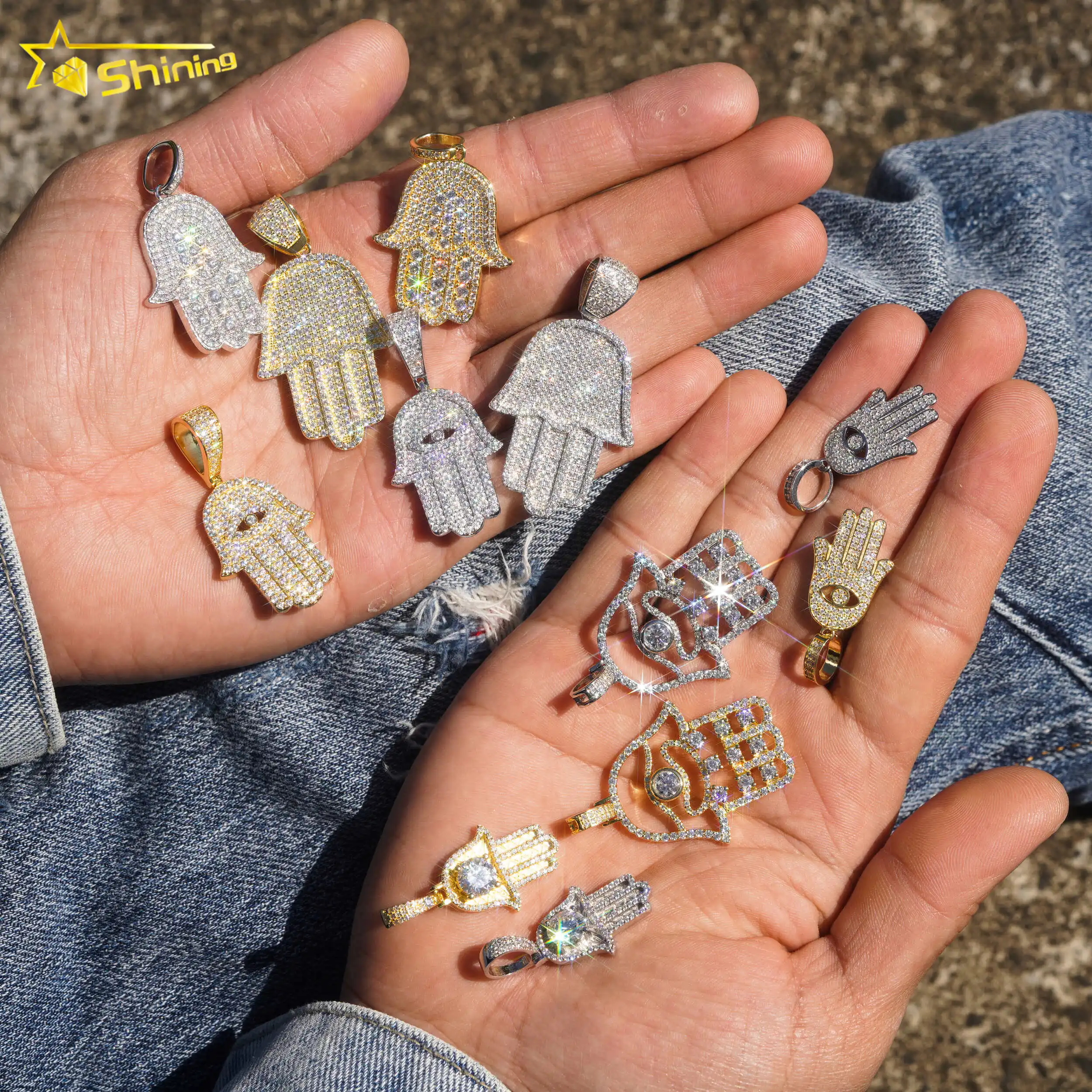 Hip Hop Full Icy Hand Pendants Unisex Silver Moissanite Diamond Hamsa ...