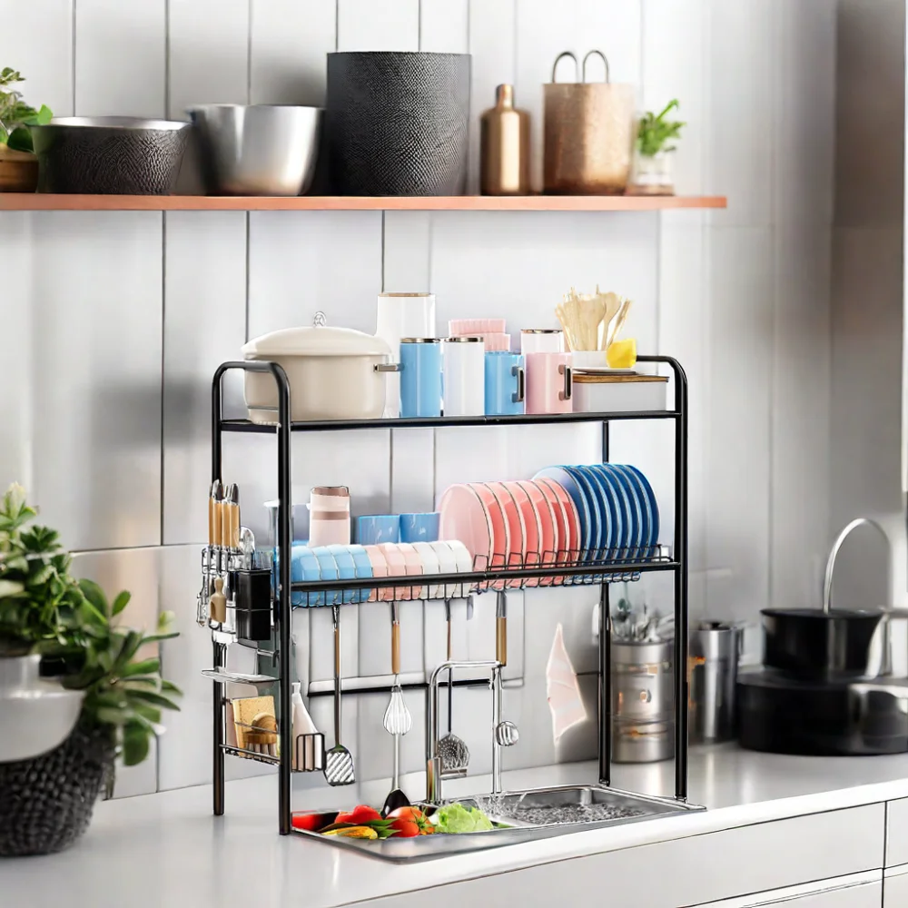 2-tier Large Sink Dish Rack Utensil Holder Auto Drainage Kitchen ...