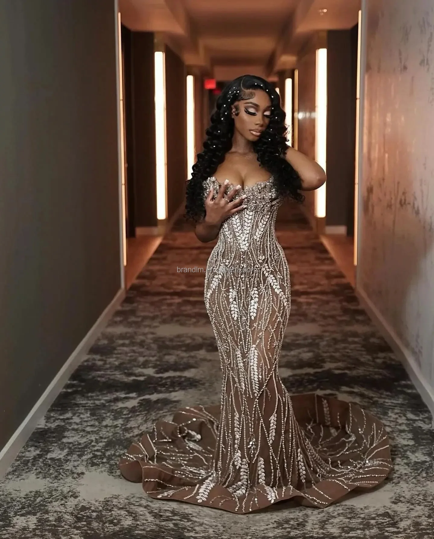 LM A853 Fishtail Dress Piece Beaded Transparent Neck Luxury Crystal ...