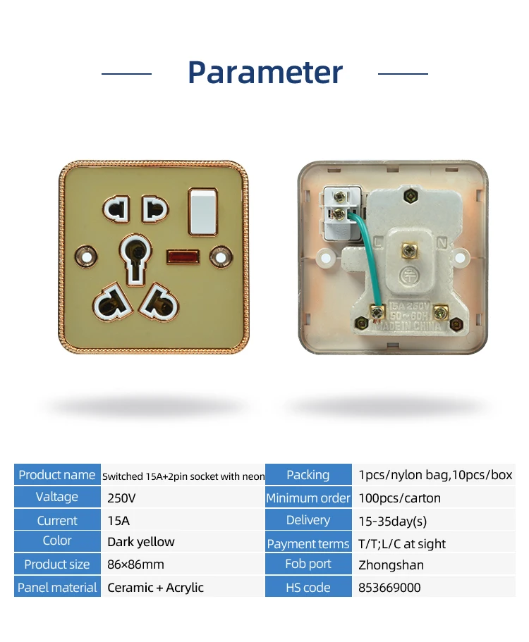 Universal Multifunctional 5-pin Power Socket With Neon Light 15a Wall ...