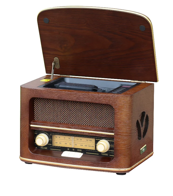 Retro Wooden FM Radio with Stereo Speakers and CD Player