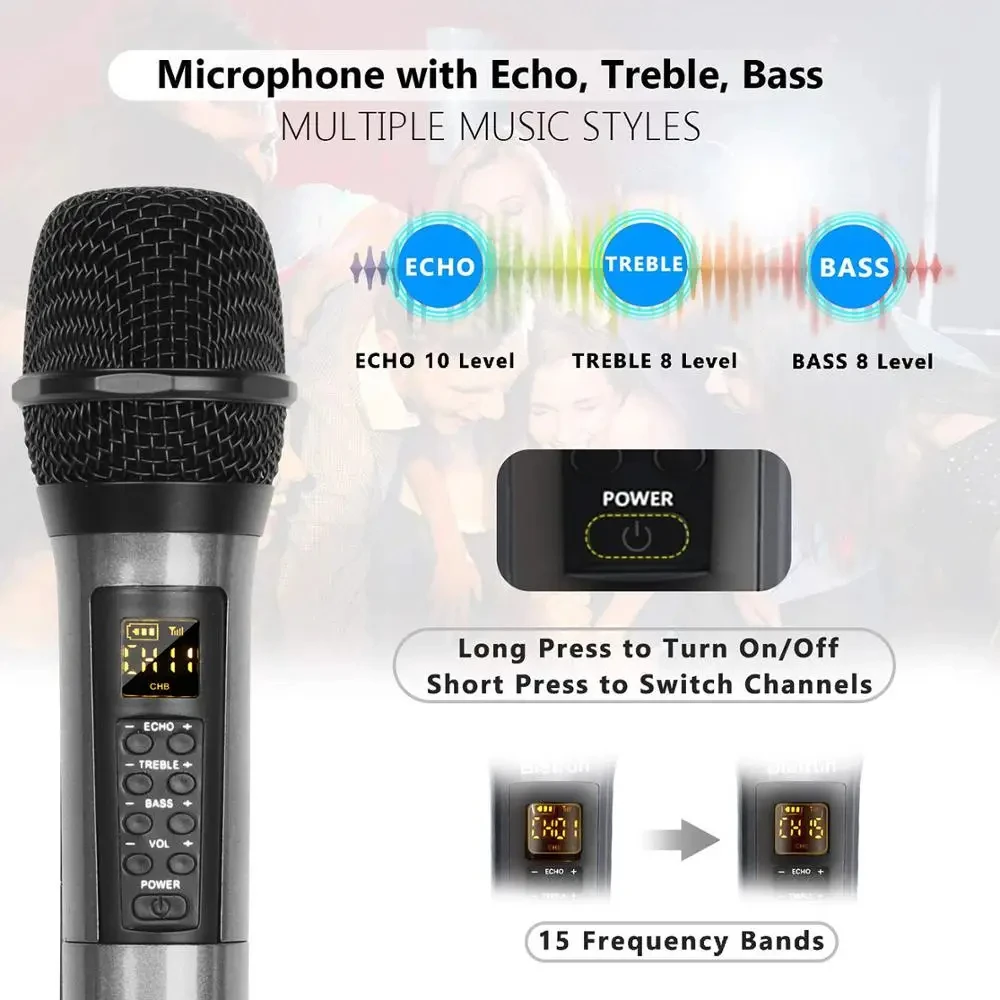 Uhf Dual Wireless Microphone System Bt Handheld Mic With Echo Treble ...