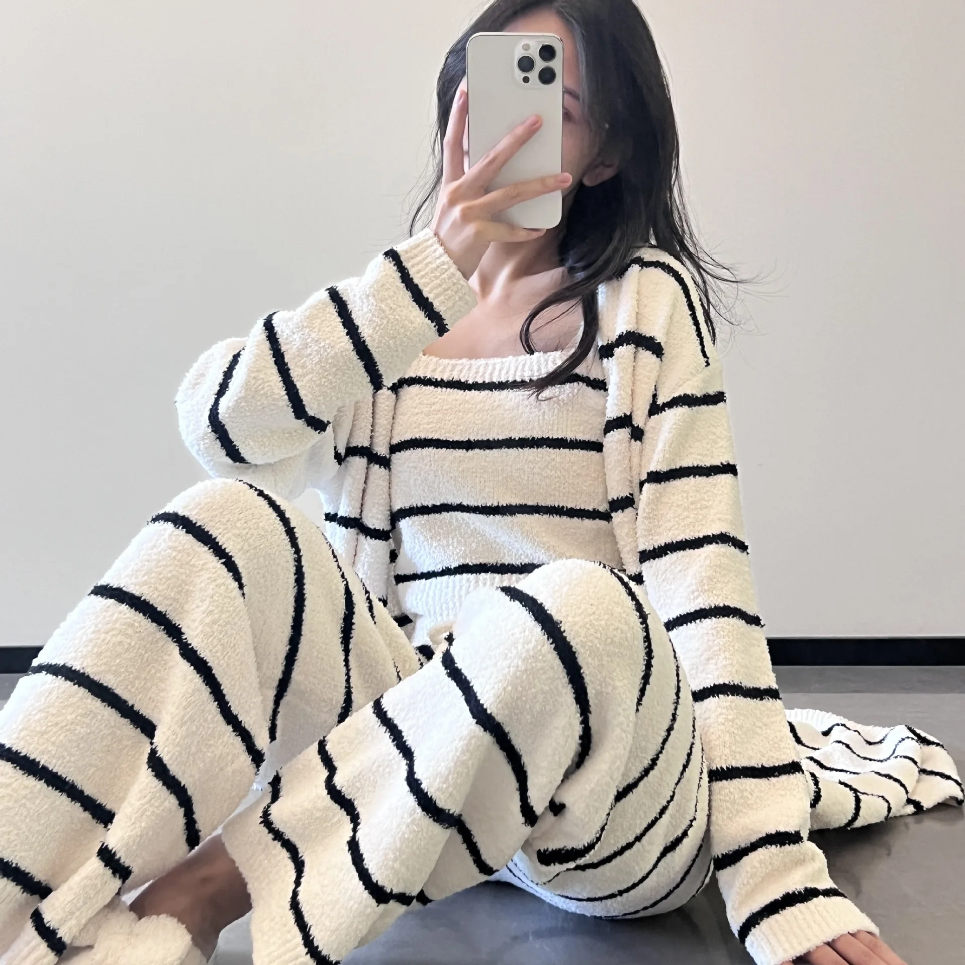 3 in 1 Stripe Design Sleepwear Set Winter Thermal Pyjamas Women ...
