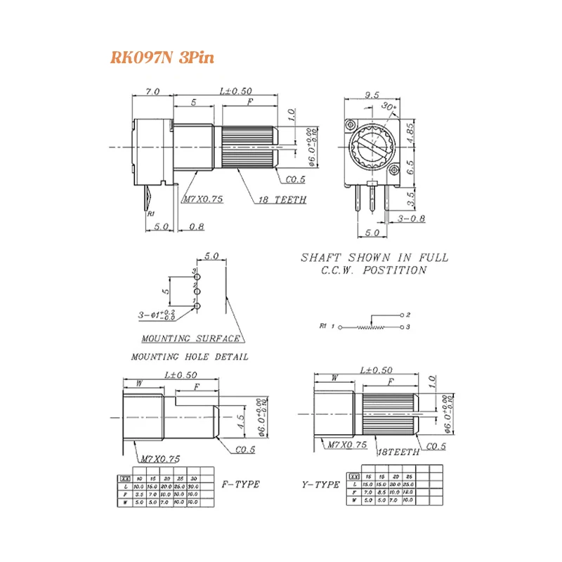 Rk097ns Single Double Small Potentiometer B5k/10k/20k/50k/100k 15mm ...