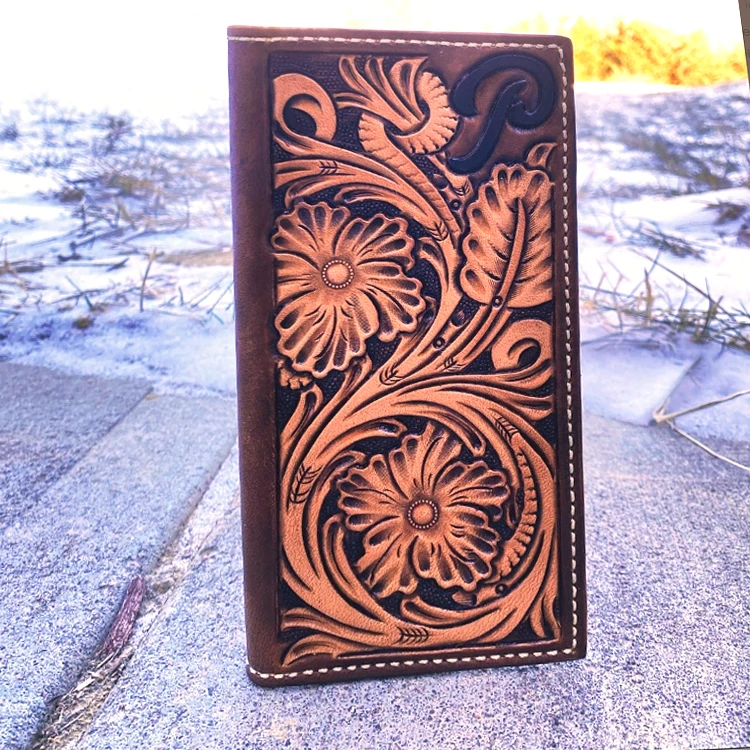 Hand Carved Leather Western Long Wallet Hand Sew Cowboy Roper Wallet ...